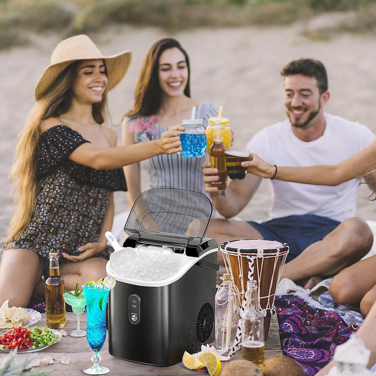 Nugget Countertop Ice Maker with Soft Chewable Pellet Ice, Pebble Portable Ice Machine, 34lbs Per Day, Self-Cleaning, Sonic Ice, One-Click Operation, for Kitchen,Office Stainless Steel Black