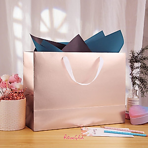 ROSEGLD 12 Large Gift Bags 13x5x10 Inches, Luxury Gift Bags, Rose Gold Gift Bags with Handles for All Occasions (Glossy Rose Gold with Grass Texture)