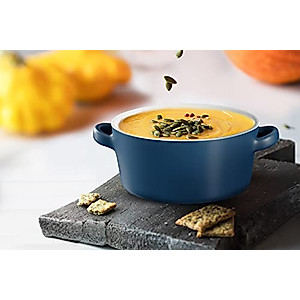 KooK Soup Crocks, Ceramic Stackable Bowls, Broil, Oven, Microwave and Dishwasher Safe, with Handles, For Casserole, Pasta, Cereal, 23.6 oz, Set of 4 (Matte Blue)