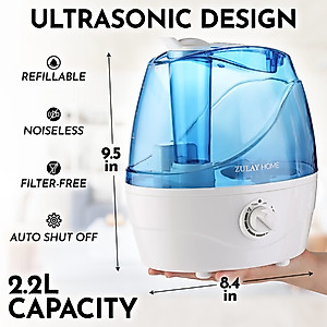 Zulay Cool Mist Humidifiers (2.2L Water Tank) - Quiet Ultrasonic Humidifiers For Bedroom with Auto-Shutoff Feature - Air Humidifier For Plants, Babies Nursery and Kids Room (Blue)