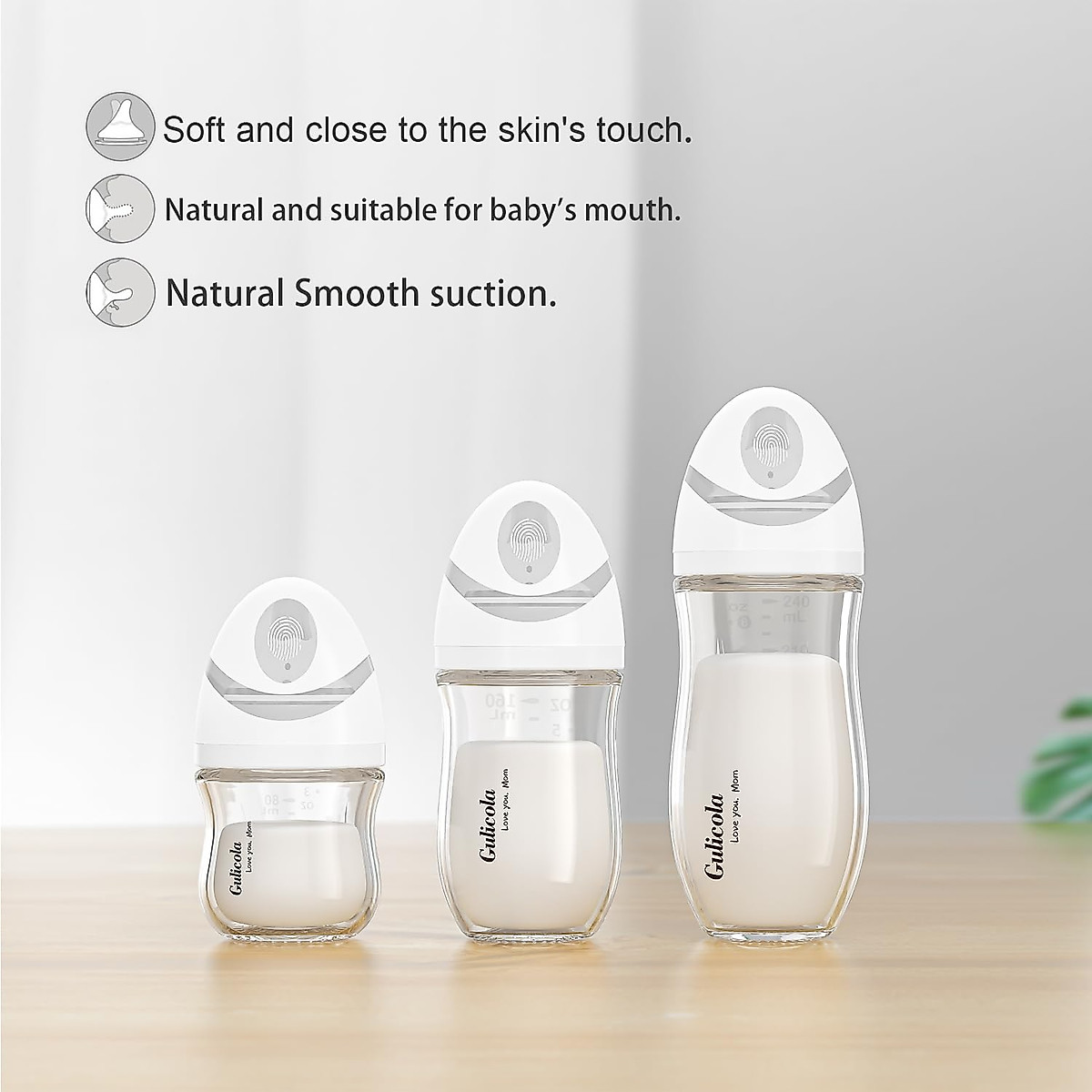 Gulicola Natural Glass Baby Bottle for Newborn Breastfeeding Babies, Preemie & Extra Slow Flow Nipples (SS), Anti-Colic, Breast-Like, 0 Months+, 3 oz, 2 Pack - White