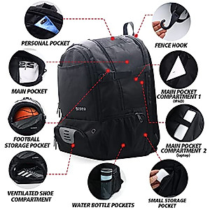ZOEA Large Basketball Bag - Backpack for Basketball, Soccer & Volleyball Football Gym Includes Shoe & Ball & Laptop Compartment (Black)