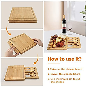 Yibidys Cheese Board Set, Charcuterie board Set, Bamboo Cheese Plate including Knife Sets, Cheese Tray with Slide-Out Drawer for Home and Gift