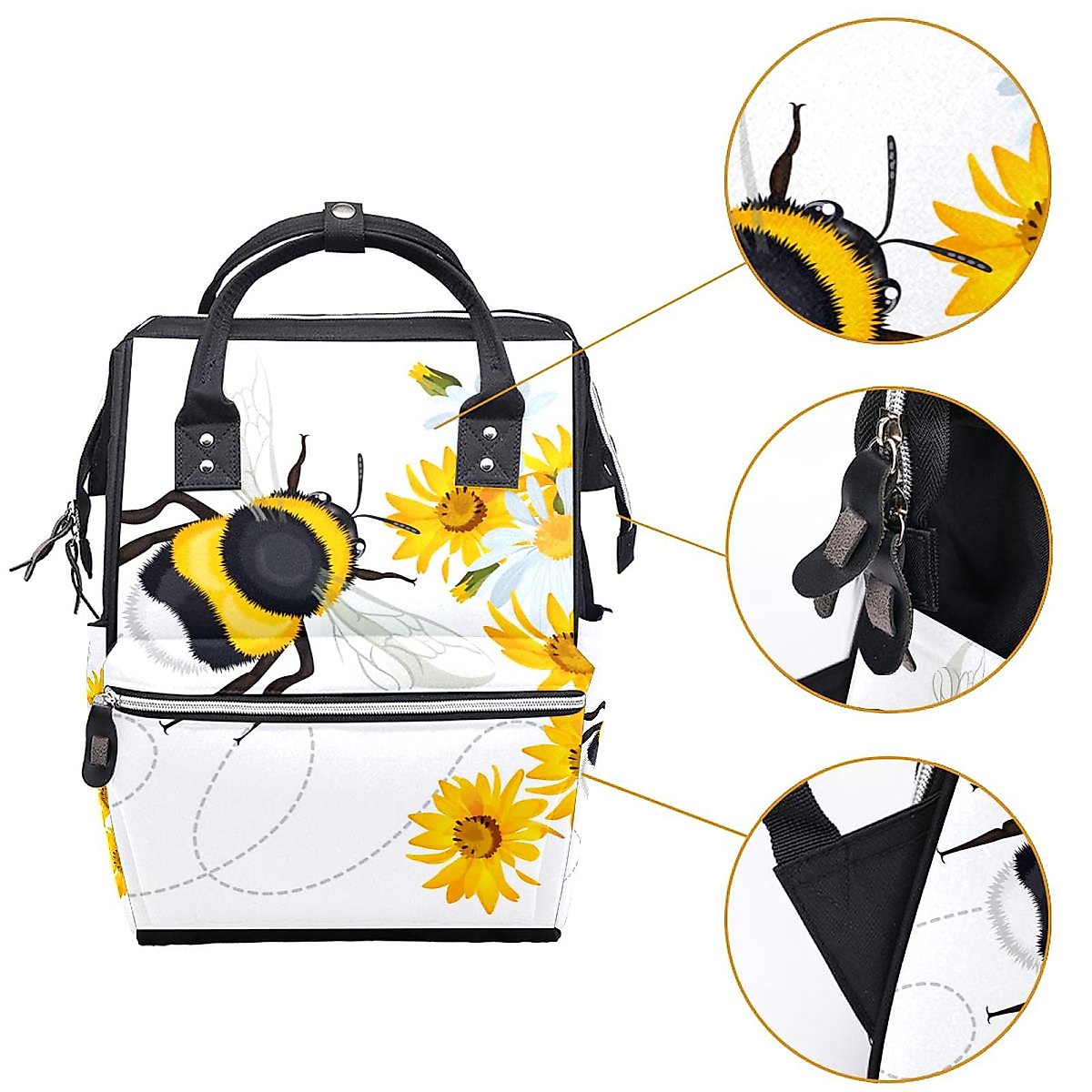 Bumble Bee and Flowers Diaper Bag Backpack, Large Capacity Muti-Function Travel Backpack