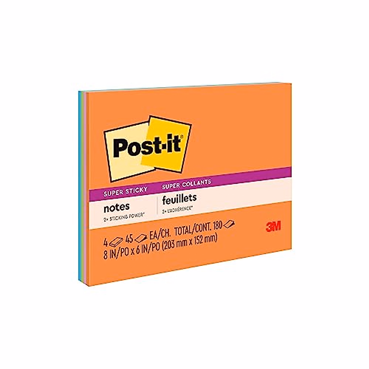 Post-it Super Sticky Notes, 8x6 inches, 4 Pads, (Orange, Pink, Blue, Green), Recyclable (6845-SSP)