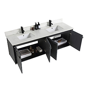 Fine Fixtures Oakville 72 in. W x 20 in. D x 33 in. H Wall Mounted Bathroom Vanity in Onix Grey with White Ceramic Sink - Black Hardware