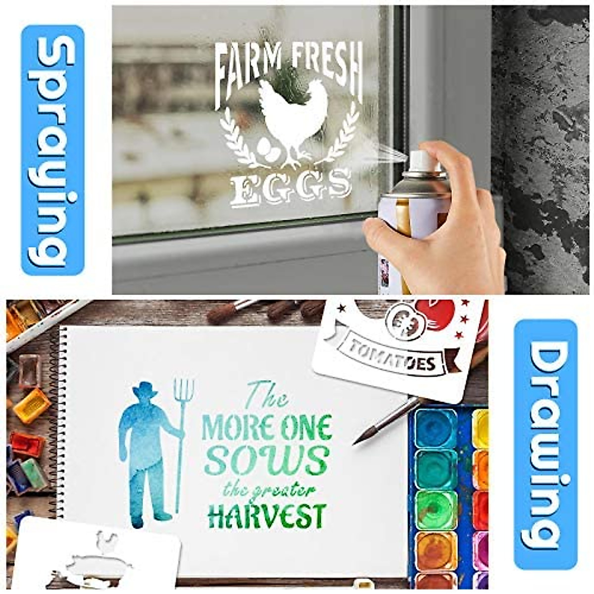 20 Pieces Farmhouse Stencils Reusable Farm Painting Stencils Farm Theme Drawing Art Template for Scrapbooking Drawing Tracing DIY Furniture Wall Floor Fabric Decors, 2 Sizes and 20 Patterns