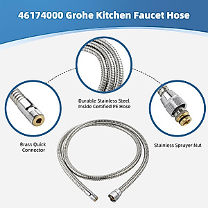 46174000 Grohe Kitchen Faucet Hose Replacement, 59 Inches StarLight Chrome Finish, Ladylux Metalflex Hose For Grohe K4 K7, Bridge and Ladylux Cafe, Alira Sink Faucet