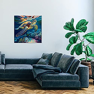 Wynwood Studio Animals Contemporary Canvas Wall Art Sea Turtle I Living Room Bedroom and Bathroom Home Decor 30 in x 30 in Blue and Brown