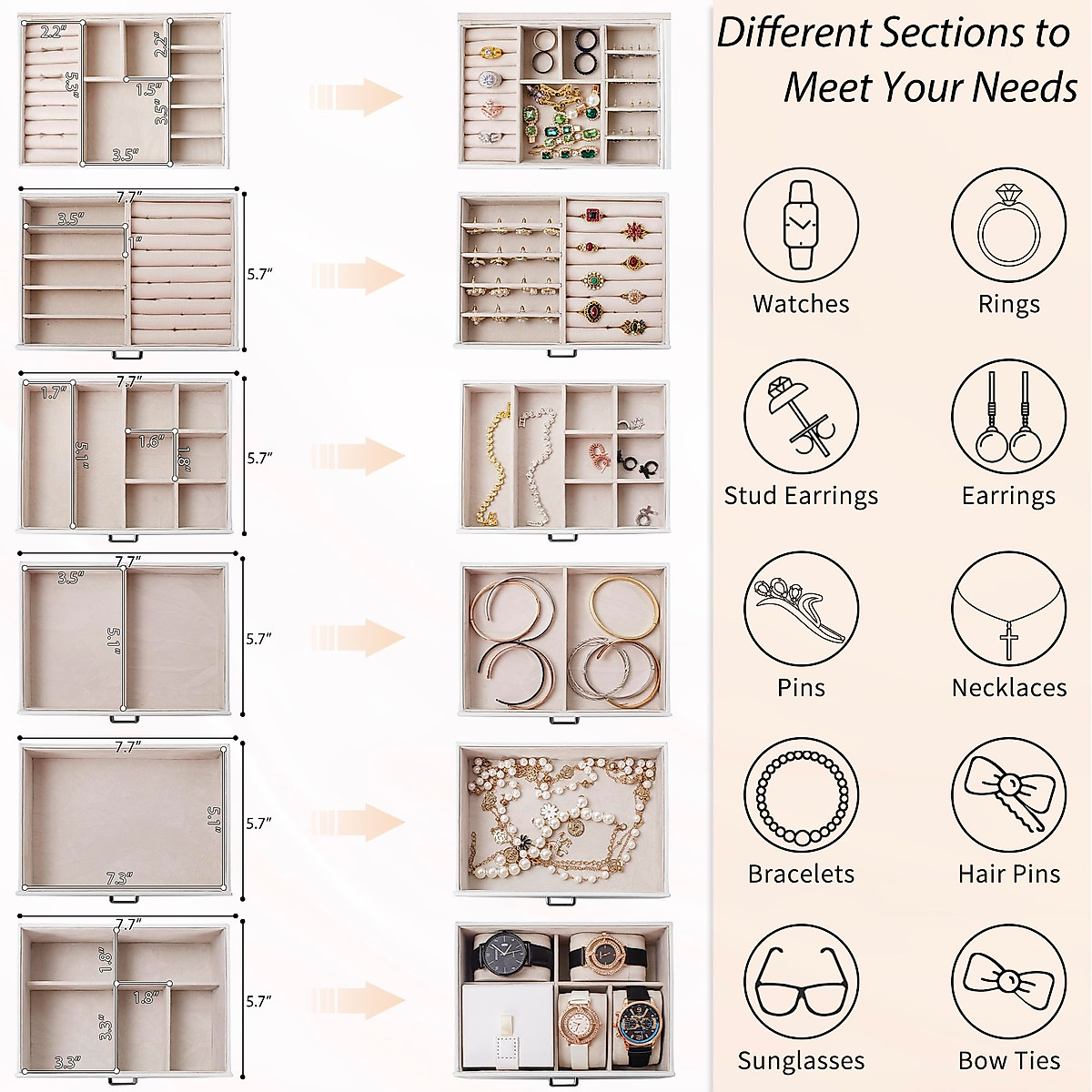 TORIBIO Jewelry Box, Jewelry Case with Small Travel Case Jewelry Storage Organizer, Large Storage Capacity, Faux Leather Jewelry Storage Case with 5 Drawers, for Girls/Women/Mother, White