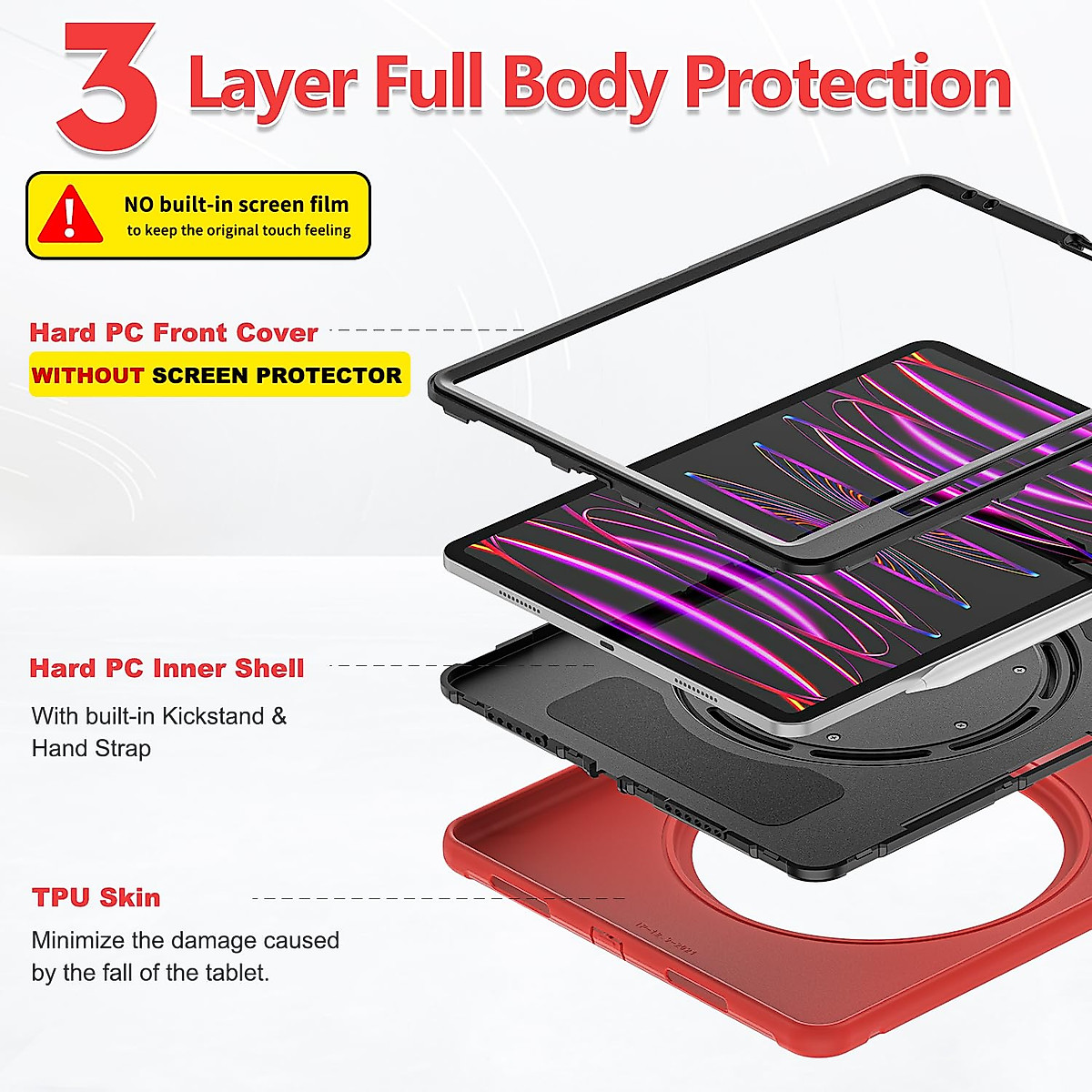 BATYUE iPad Pro 12.9 Case - Rugged Protective Case for iPad Pro 12.9-inch 6th/ 5th/ 4th/ 3rd Generation 2022/2021/ 2020/2018, iPad Pro 12.9 Cover with Pencil Holder/ 360° Swivel Stand - Red