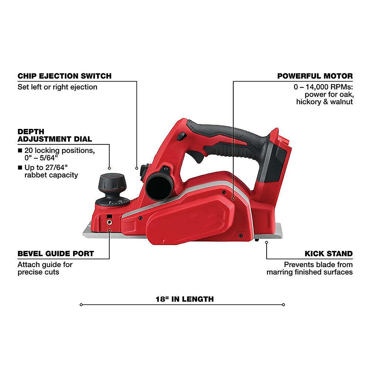 WALKFB 2623-20 for Milwaukee M18 18V 3-1/4-Inch Planer w/Bevel/Edge Guide - Bare Tool, Red, Black