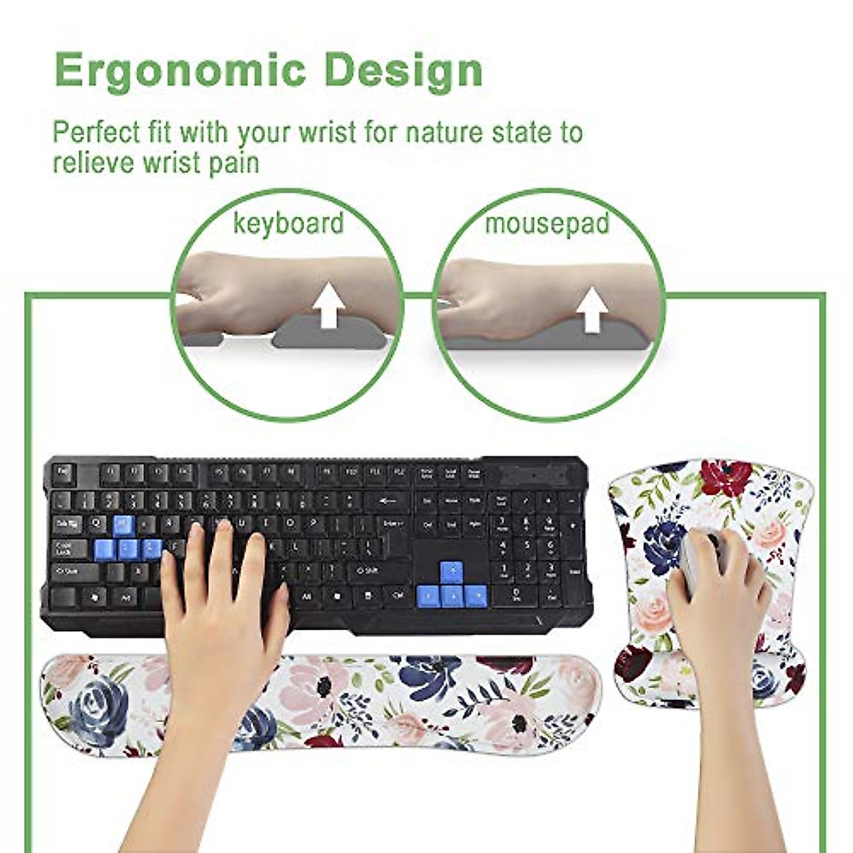Dooke Keyboard Wrist Rest Pad and Mouse Wrist Rest Support, Comfort Wrist Rest Pad with Non-Slip Rubber Base & Memory Foam Support for Working Gaming Fatigue Pain Relief Art Flowers