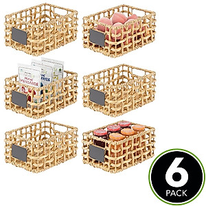 mDesign Water Hyacinth Open Weave Household Basket with Built-in Chalkboard Label for Storage in Bedroom, Bathroom, Office - Hold Clothes, Blankets, Linens, Accessories - 6 Pack - Natural/Tan