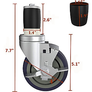 MySit 4 inch Work Table Caster Wheels for Commercial Kitchen Prep Tables, Expanding Stem Casters Set of 4 with Locking Brakes Fit Both 1-1/2" and 1-5/8" Leg Tube Adapter for Stainless Steel Worktable