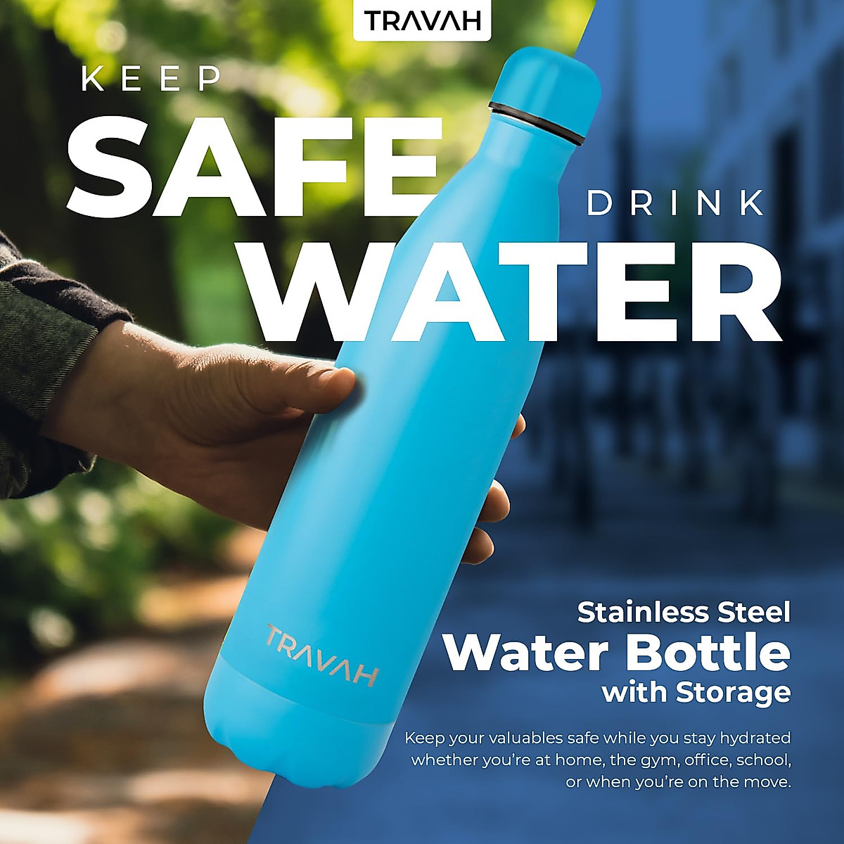 Diversion Safe Water Bottle Can Hidden Bottom for Valuables 17ounce Liquid Capacity and Dry Storage Compartment Stainless Steel Vacuum Insulated Leak Proof Smell Proof Bag Included (Light Blue)