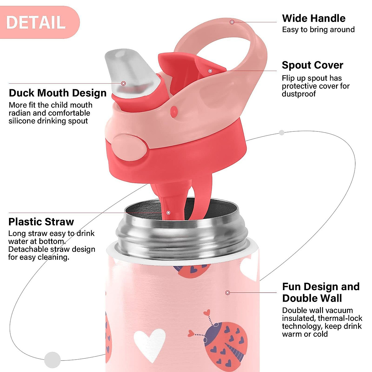 ALAZA Ladybug White Hearts Kids Water Bottles with Lids Straw Insulated Stainless Steel Water Bottles Double Walled Leakproof Tumbler Travel Cup for Girls Boys Toddlers 12 oz,Pink
