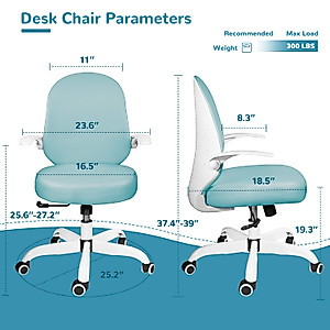 Ollega Desk Chairs with Wheels and Arms, Blue Office Chair for Small Space, Ergonomic Leather Office Chair Adjustable Height and Swivel Lumbar Support, Small Desk Chair with Flip Up Armrests