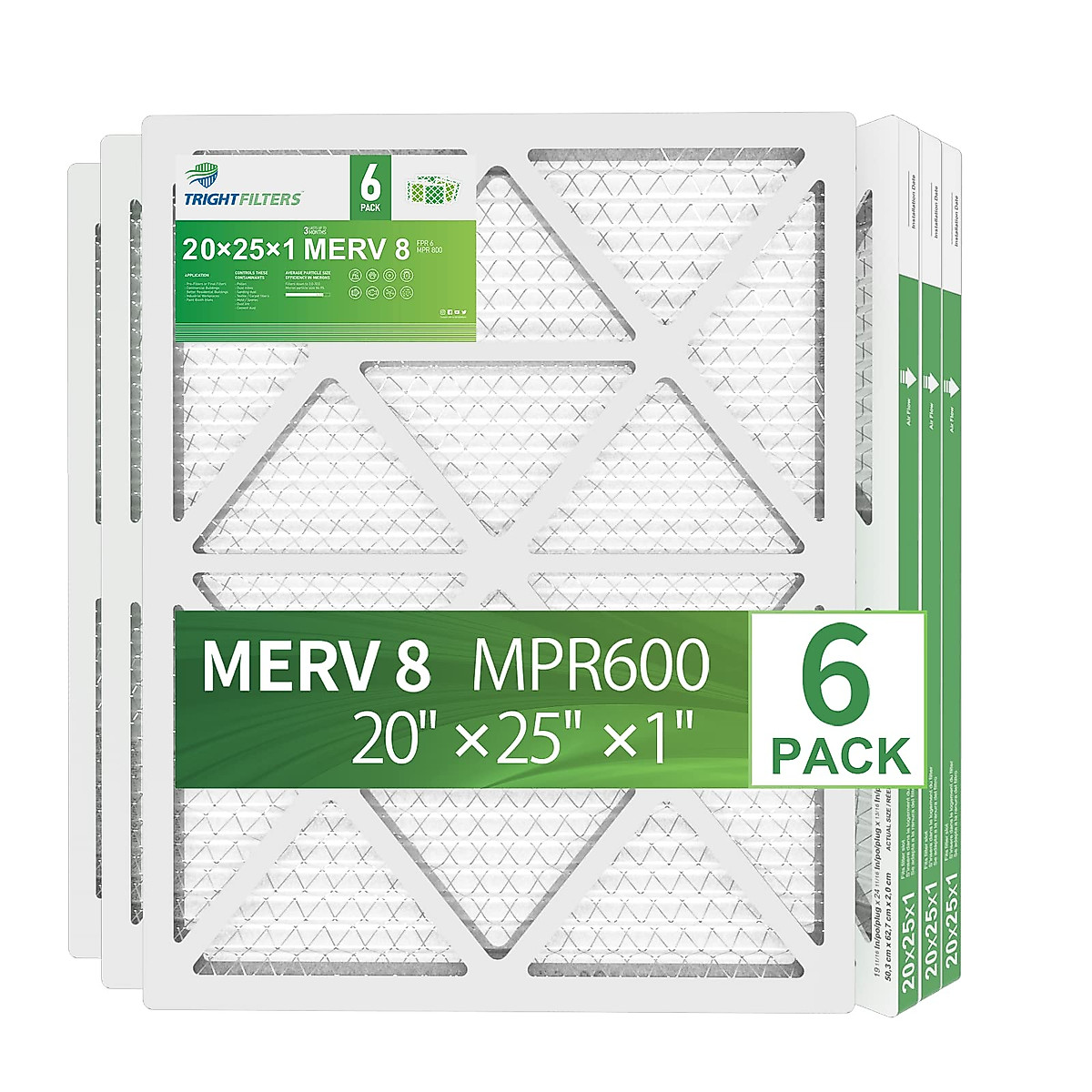 TRIGHTFILTERS 20x25x1 Air Filter MERV 8, Pleated HVAC AC Furnace Home Air Filters Replacement 6 Pack