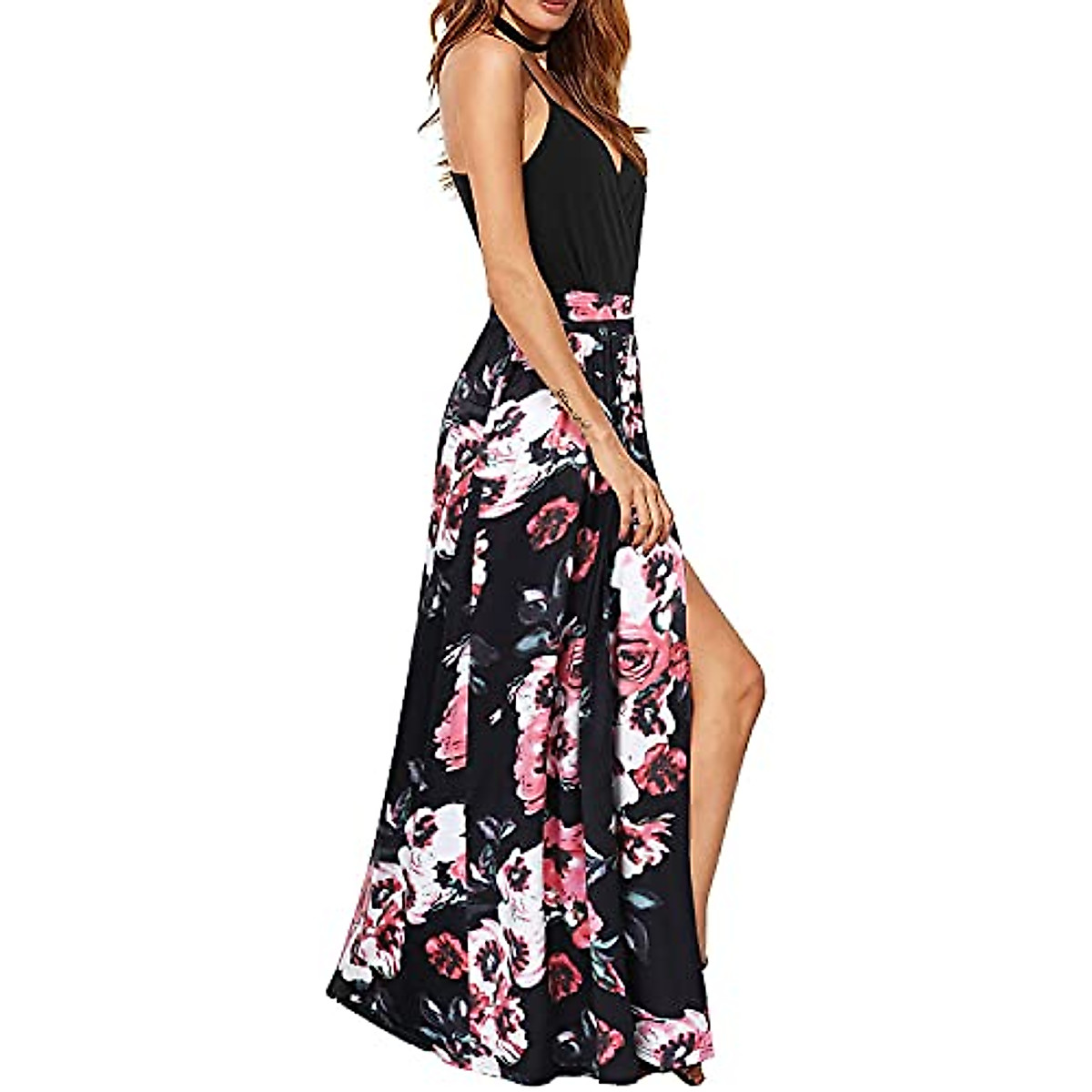 Newshows Womens' Summer V Neck Spaghetti Strap Sleeveless Casual Split Vestidos Beach Long Maxi Dress Trendy(Floral 02,L)