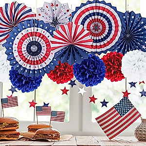 Cmaone 25Pcs Patriotic Party Decorations Set, 4th of July American Flag Party Supplies Hanging Paper Fans, Pom Poms, Red White Blue Star Garland, Tassel Garlands String, American Theme Party Decor