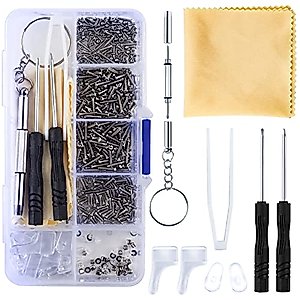 OIIKI Eyeglasses Repair Kit, 3-in-1 Screwdriver, Slotted/Cross Bit Screwdrivers, 10Pairs Nose Pads, Tweezer, Anti-Slip Holder, Cleaning Cloth, Screws, Storage Box, Replacement for Glasses, Sunglass