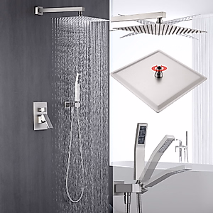 Kruzoo Shower System Rain 12 inches Brass Shower Faucet Set with Handheld Spray Mixer Set High Pressure Square Rainfall Shower Rough-in Valve (cUPC Certified Shower Valve Included) Brushed Nickel