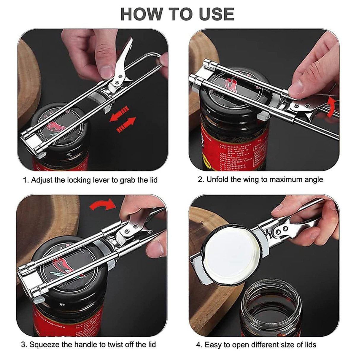 Warncode Jar Opener - 2023 NEW Adjustable Multifunctional Stainless Steel Can Opener, Jar Opener for Weak Hands,Longer Handheld Bottle Opener for Any-Size lids (7.7 in,1PC)