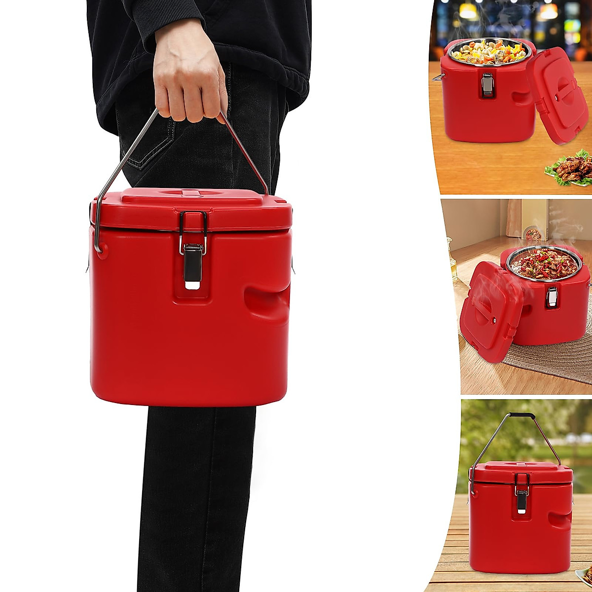 Insulated Soup Carrier,2.5Gal/9.5L/10Qt PE&Stainless Steel Tabletop Food Container,Commercial Leak-Proof Juice Storager,Outdoor Portable Cold/Hot Food Box w/Lid&Handle&Grooves,11.8*11.8*11.4in Red