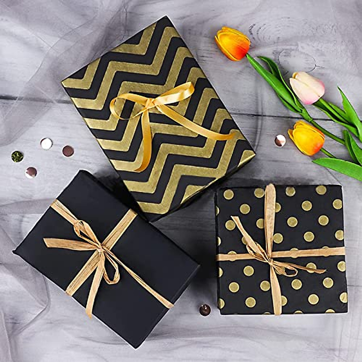 Ueerdand 105 Sheets Gold Black Tissue Paper, Christmas Metallic Gift Wrapping Paper Bulk for New Year Gift Bags, Birthday, Graduation, DIY Shipping Crafts, 20 Inch x 12 Inch