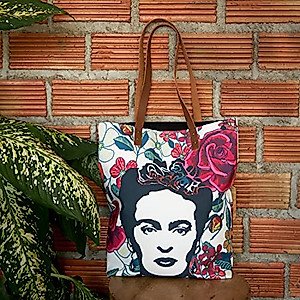 Akitai Frida Kahlo Inspired White Portrait Buenos Aires Mural Floral Tote Bag Relaxed - Shoulder - Great For Shopping, Travelling, and Days Out – Boho - Handbag - Art Bag in the Image of Frida Kahlo