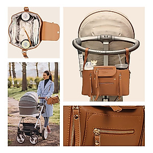 motheric Brown Leather Universal Stroller Organizer Shoulder bag with insulated cup holder, Shoulder strap - Parent console Caddy with strollercup holder