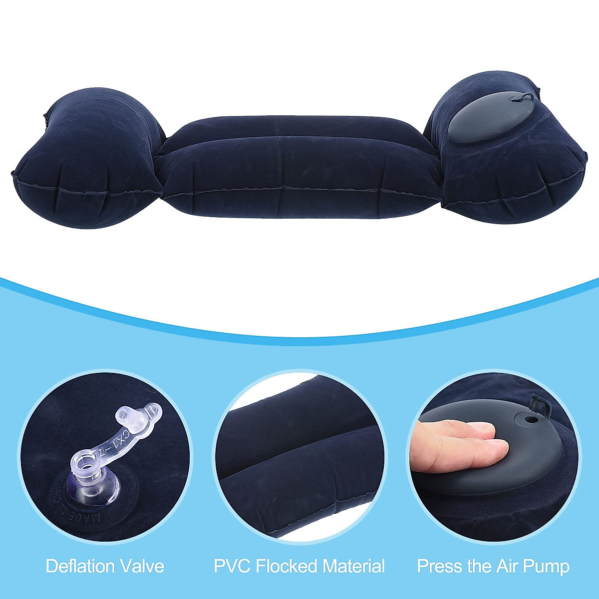 PATIKIL Inflatable Travel Pillow, Lumbar Support Travel Flights Cushion Flocked Air Pillow for Airplane Train Office, Navy Blue
