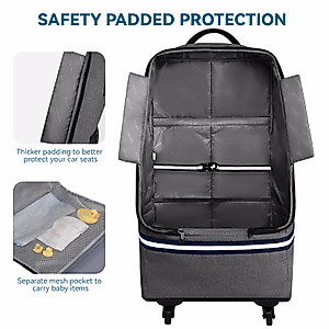 RUCYEN Rolling Car Seat Travel Bag, Padded Carseat Travel Backpack for Airplane,Large Durable Travel Bag with 4 Wheels,Adjustable Shoulder Strap and Waterproof Base Dark Grey