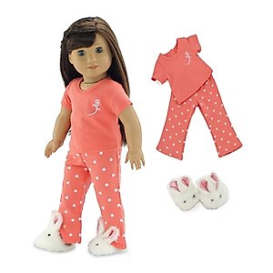Emily Rose 18 Inch Doll Coral Polka Dot Pajamas PJs Gift Set, with 18" Doll Easter Bunny Slippers! | Gift Boxed! | Compatible with 18-in American Girl and Similar Dolls