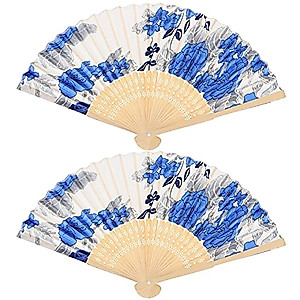 RAZZUM 2 Pcs Floral Folding Hand Fan Chinese Vintage Retro Silk Handheld Fans with Frames for Wedding Dancing Church Party Gifts As Shown Fan