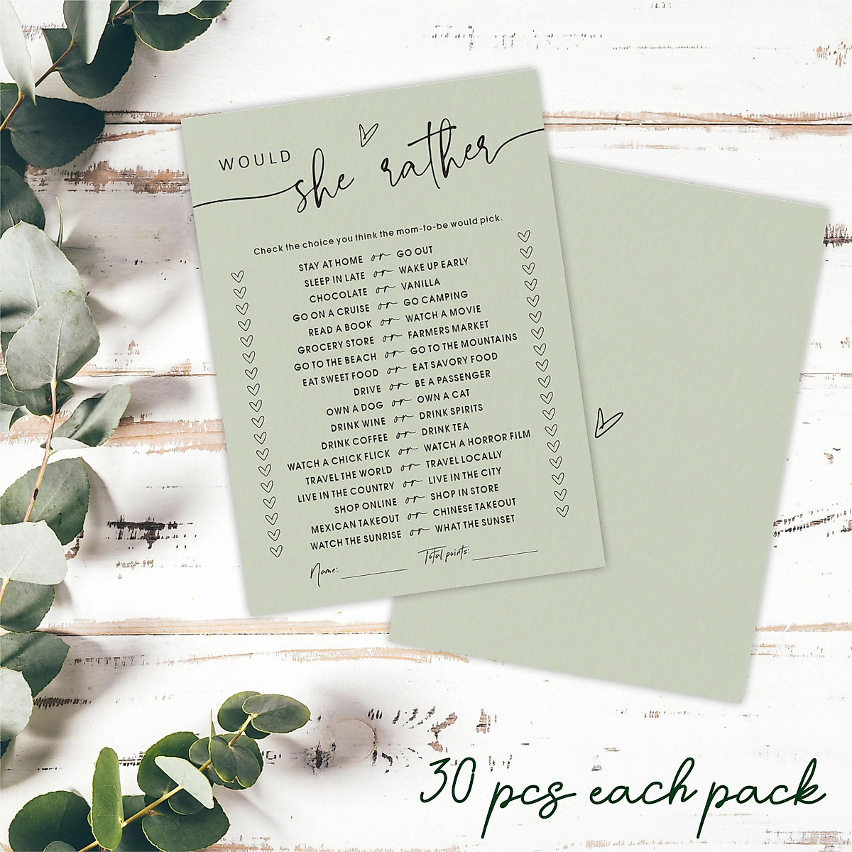 Would She Rather Baby Shower Game Cards, Sage Green & Double-Sided Design, 30 Gender Neutral Game Cards for New Parents, Baby Shower Party, Baby Announcement, Party Favor & Decor - C05