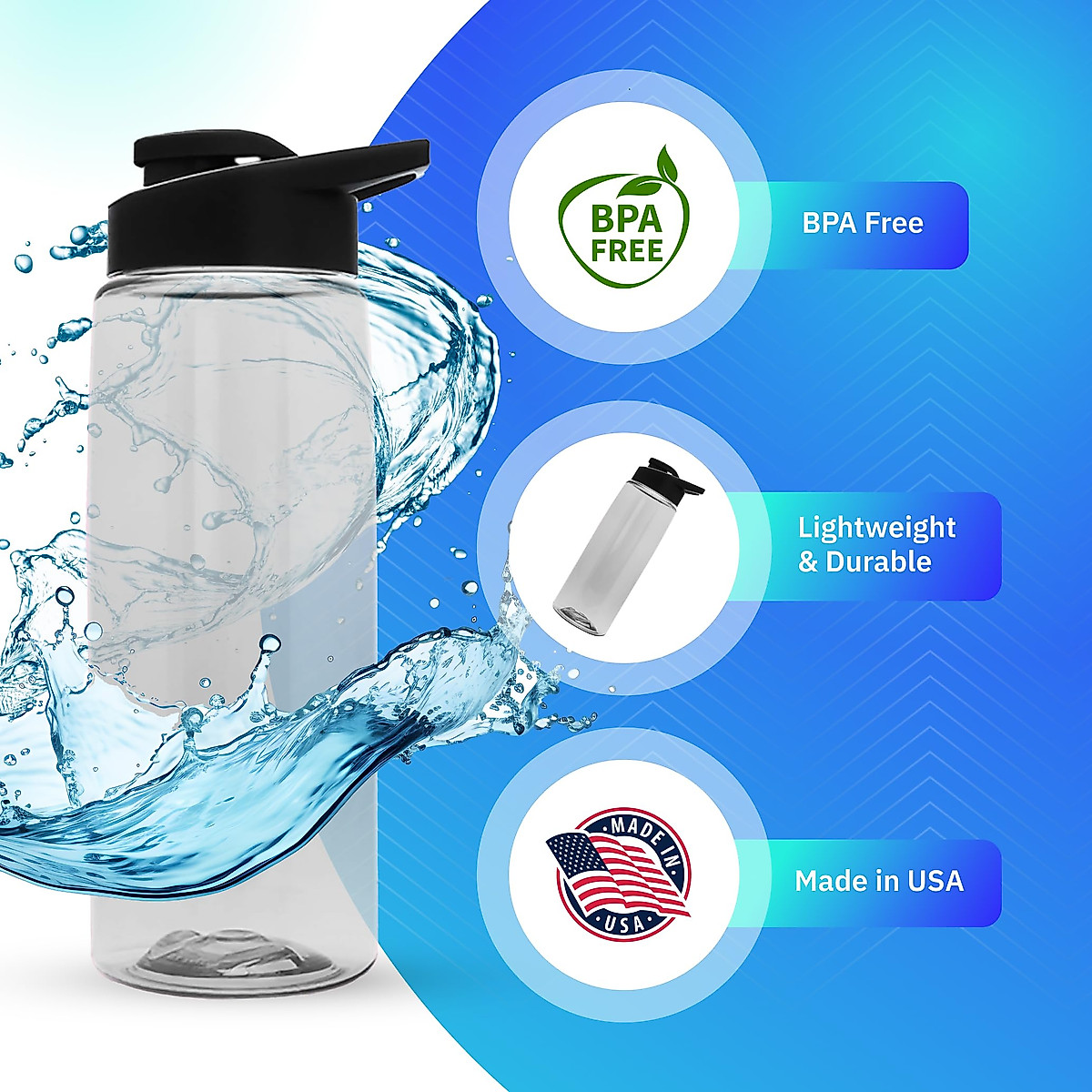 26 oz Water Bottle, Tritan Sports Water Bottle for Gym and Team Sports, School Water Bottle, BPA Free Water Bottle with Flip Top, 4-Pack, Made in USA by Gary Plastic Packaging