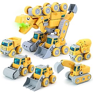 Grechi Take Apart Dinosaur Toys for Kids 5-8, 5 in 1 Construction Vehicles Transform into Big Dinosaur Robot STEM Toys for 3 4 5 6 7 8 Year Old Kids, Boys