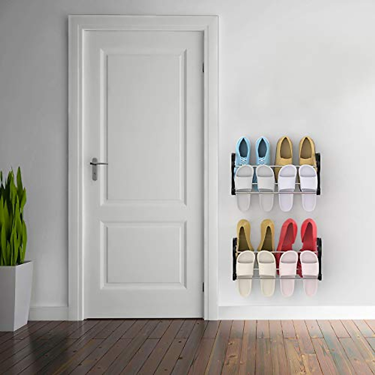 Yocice Wall Mounted Shoes Rack 3Pack/Can Store 6Pairs Sneakers and 6Pairs Slide Sandal,with Sticky Hanging Mounts, Shoes Holder Storage Organizer Shelf ,Door Shoe Hangers,Black,SM05-17.7inch length