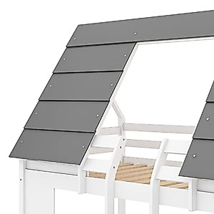 MERITLINE House Bed Bunk Beds Twin Over Twin Wood Bunk Beds with Roof for Kids Girls Boys, White