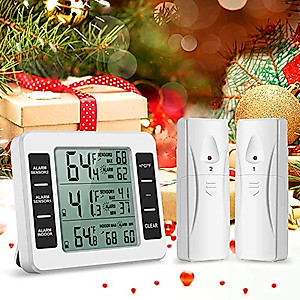 ORIA Refrigerator Thermometer, Wireless Digital Freezer Thermometer with 2 Wireless Sensors, Wireless Indoor Outdoor Thermometer, Audible Alarm, Min and Max Display, LCD Display for Home, Restaurants