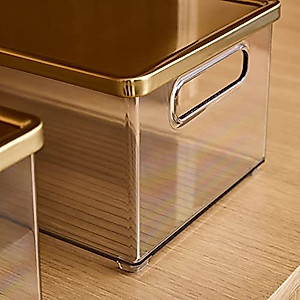 mDesign Plastic Kitchen Storage Bin - Stackable Fridge, Pantry Cabinet, Freezer Organizer - Food Storage Bin Box w/Handles, Steel Lid - 15" Long - Ligne Collection - 2 Pack - Clear/Soft Brass