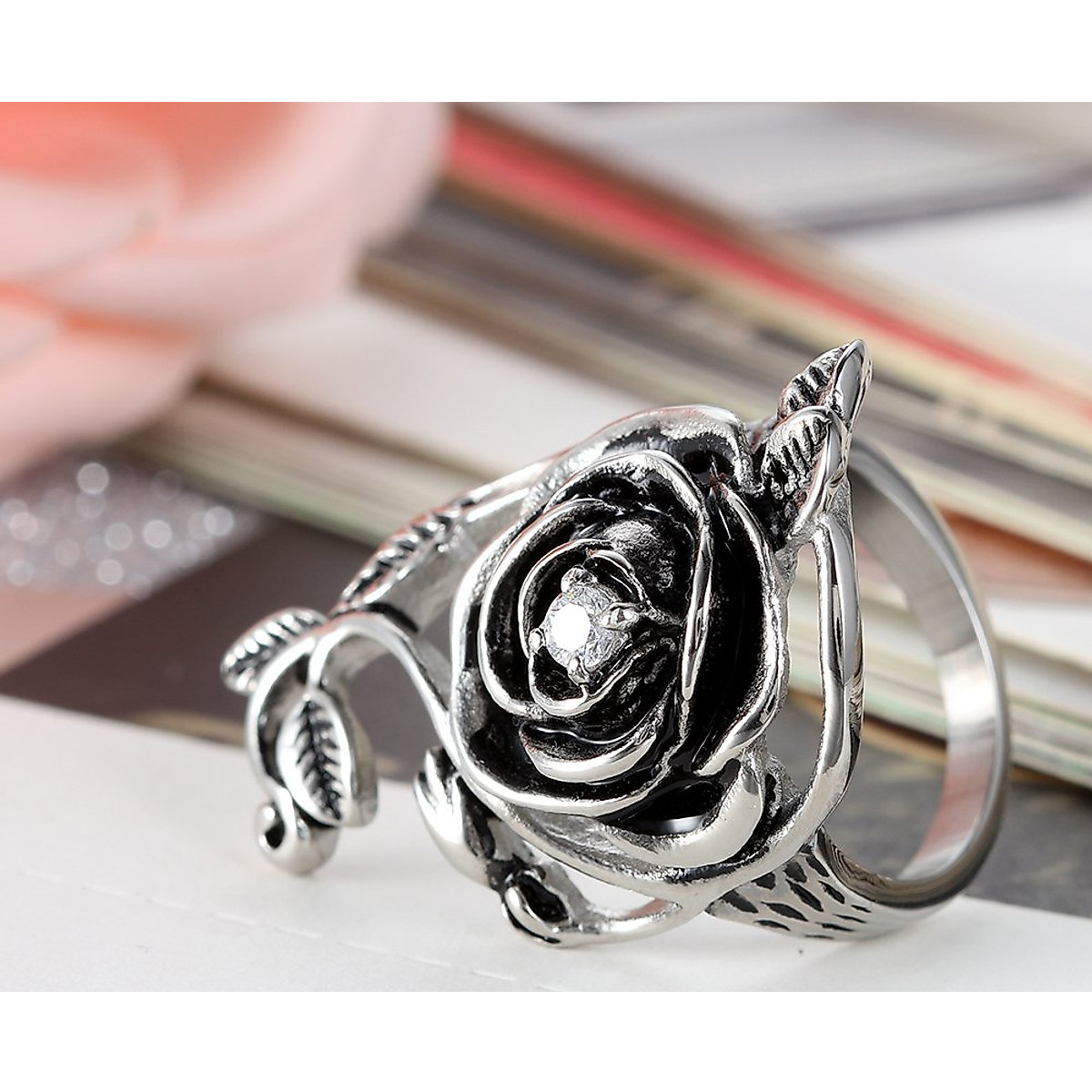 Flongo Womens Ladies Gothic Stainless Steel Rose Flower Vine Band Ring, Size 8
