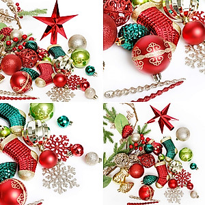 Christmas Tree Ornament, 132pcs Christmas Tree Decoration Set Red Green Gold Christmas Ball Shatterproof Hanging Tree Ornament Assortment Set