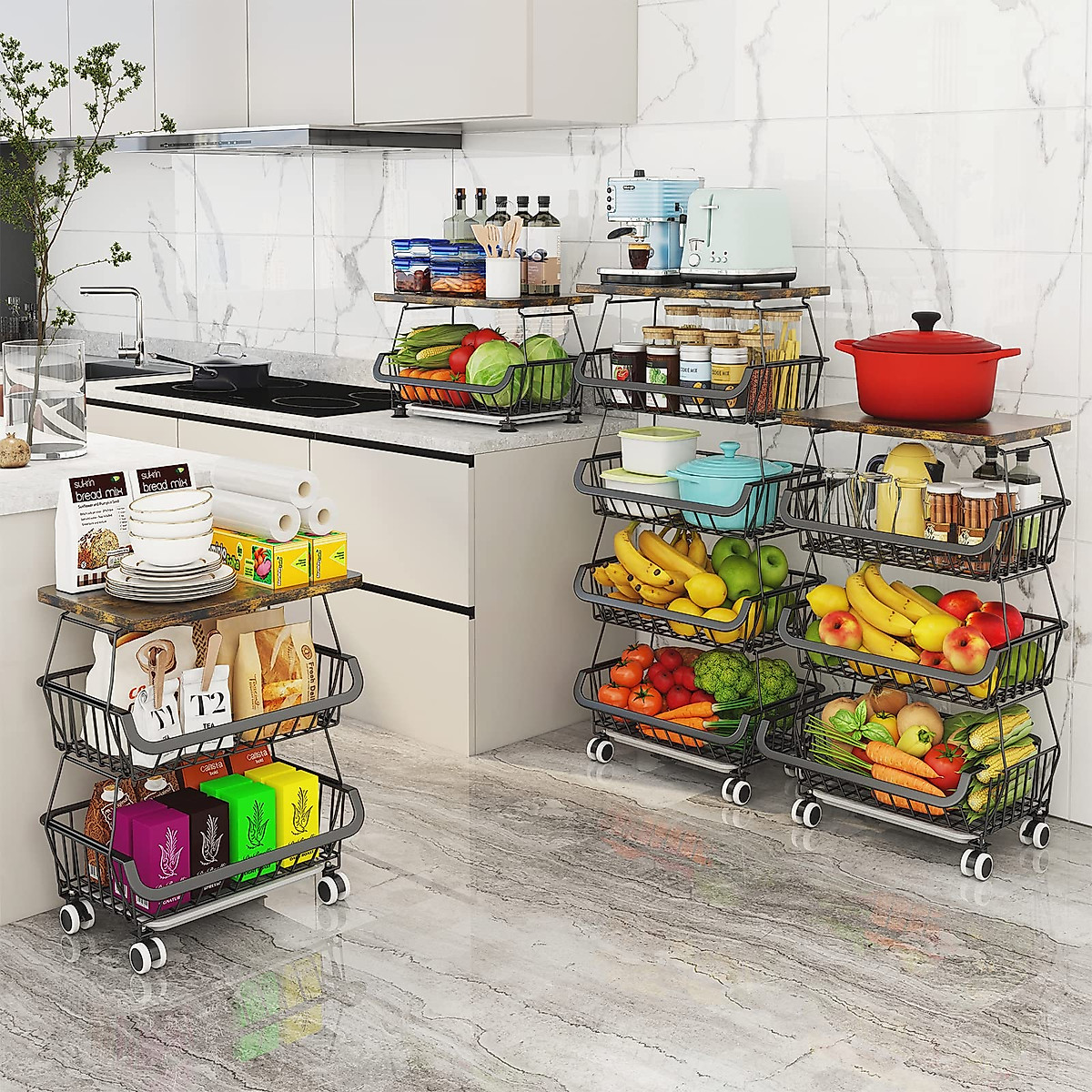 4 Tier Fruit Basket for Kitchen - Stackable Fruit and Vegetable Storage Cart with Wooden Top Rolling Wheels Metal Wire Basket Organizer for Onions Potatoes Storage Utility Rack Bins for Kitchen Pantry