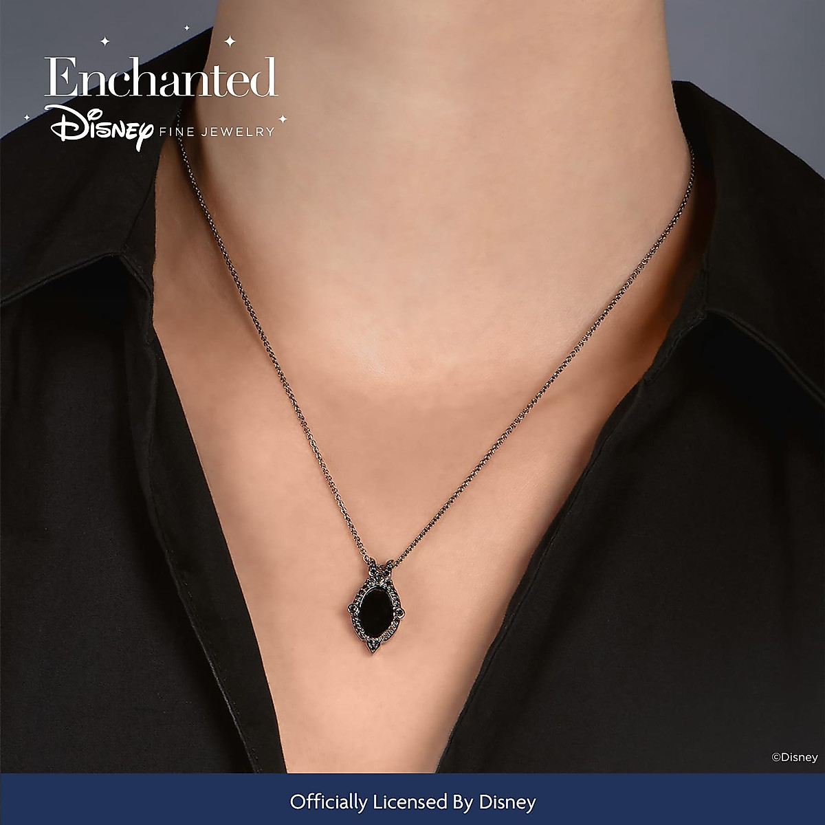 Jewelili Enchanted Disney Fine Jewelry Black Rhodium Over Sterling Silver 1/4 Cttw Diamond and Onyx Maleficent Villain Pendant