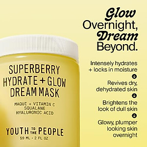 Youth To The People Superberry Glow Dream Mask - Brightening Overnight Face Mask + Hyaluronic Acid Night Moisturizer with Vitamin C & Squalane Oil for Even Skin Tone - Clean, Vegan Skincare (2oz)