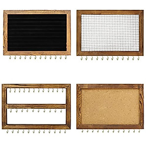 Jewelry Organizer Wall Mounted 4 Pack Rustic Wood Jewelry Display Organizer Holder with Hooks for Ear Rings, Necklaces and Bracelet(Hook + Stencil + Rings + Corkboard)