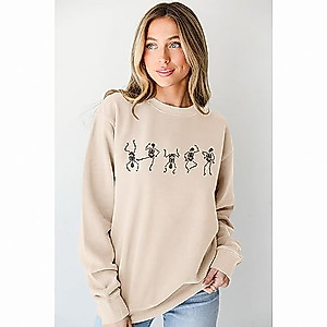 SOFEON Women Halloween Dancing Skeleton Sweatshirt Horror Skull Graphic Crewneck Sweatshirt Spooky Season Pullover Tops(Beige,X-Large)